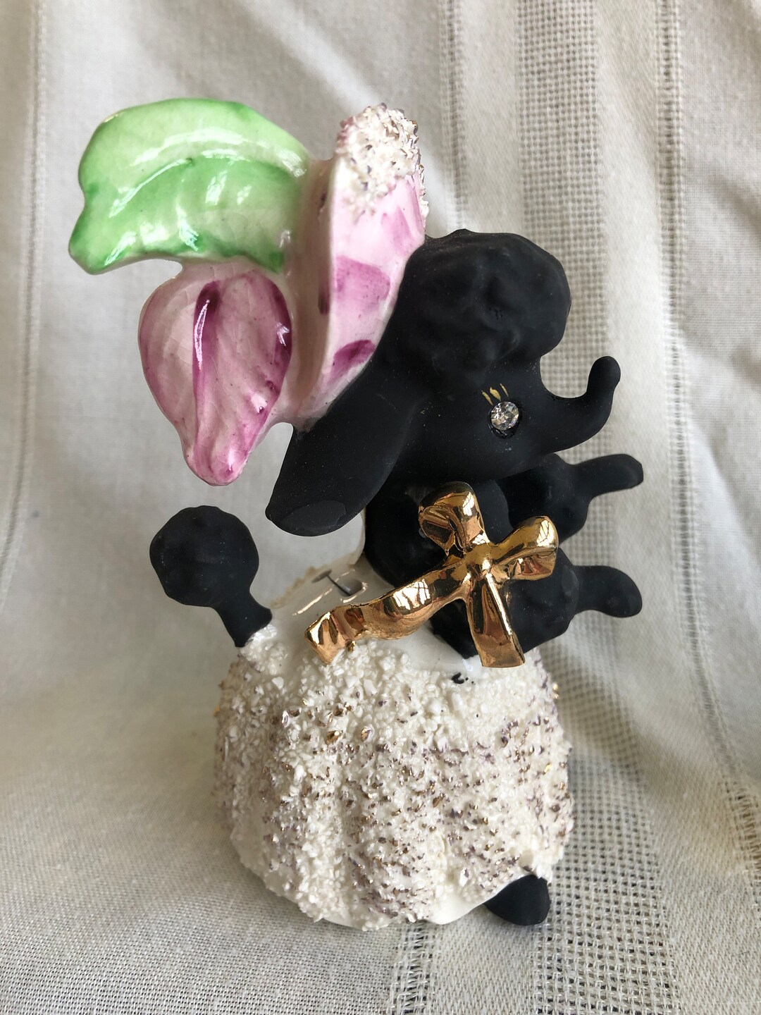 MINT Vintage NORCREST Ceramic Black Poodle Bell, With Gold Bow and ...