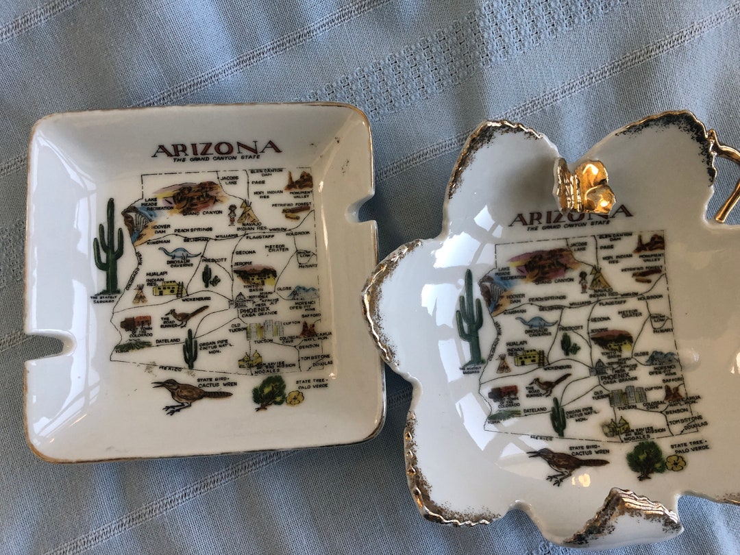 Vintage ARIZONA Map Ashtrays, MCM Ceramic Cigarette Ashtray, Flower ...