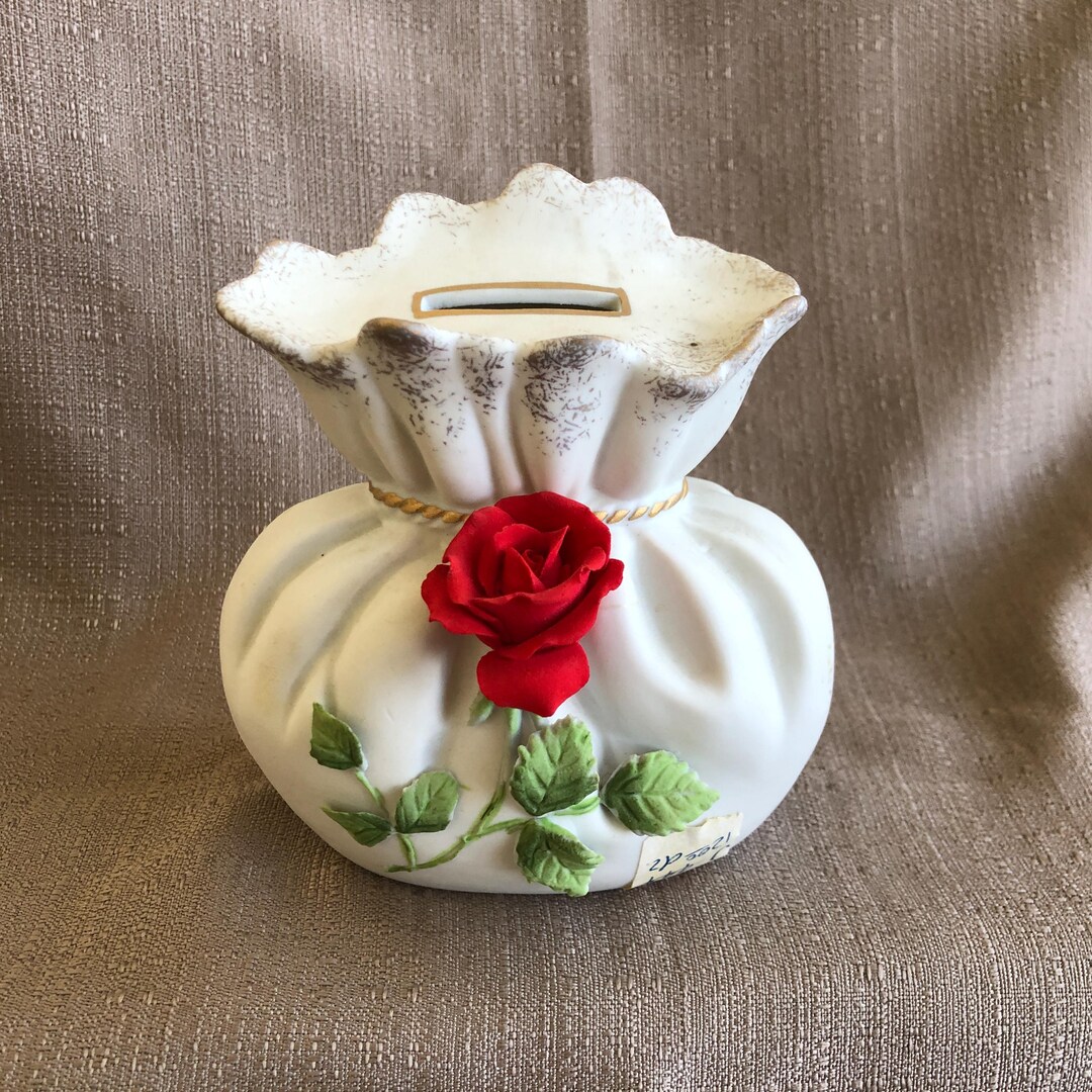MINT Midcentury Ceramic Coin Bank, Vintage 1950s Red Rose Piggy Bank ...