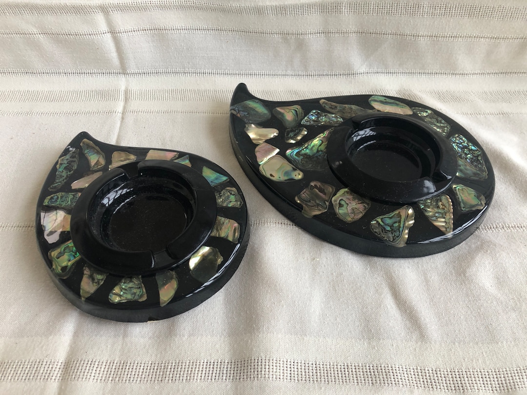 MCM Lucite Abalone Ashtrays, Vintage Trinket Dish, Black Gold Tear Drop ...