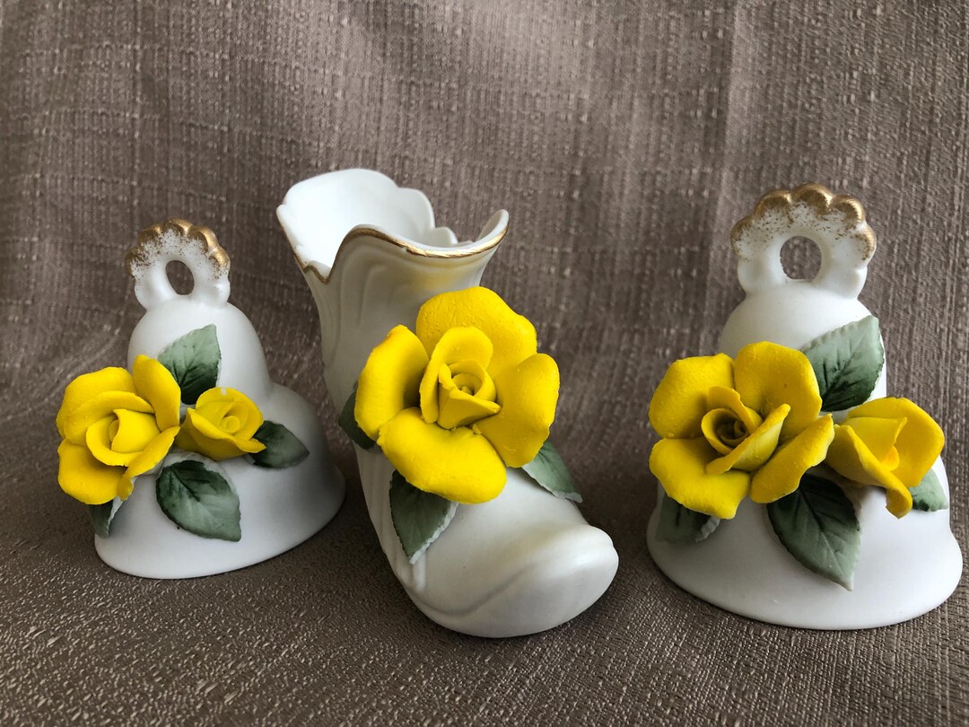 Vintage Ceramic Boot Shoe & 2 Bells, SET of 3, MINT CONDITION, White ...