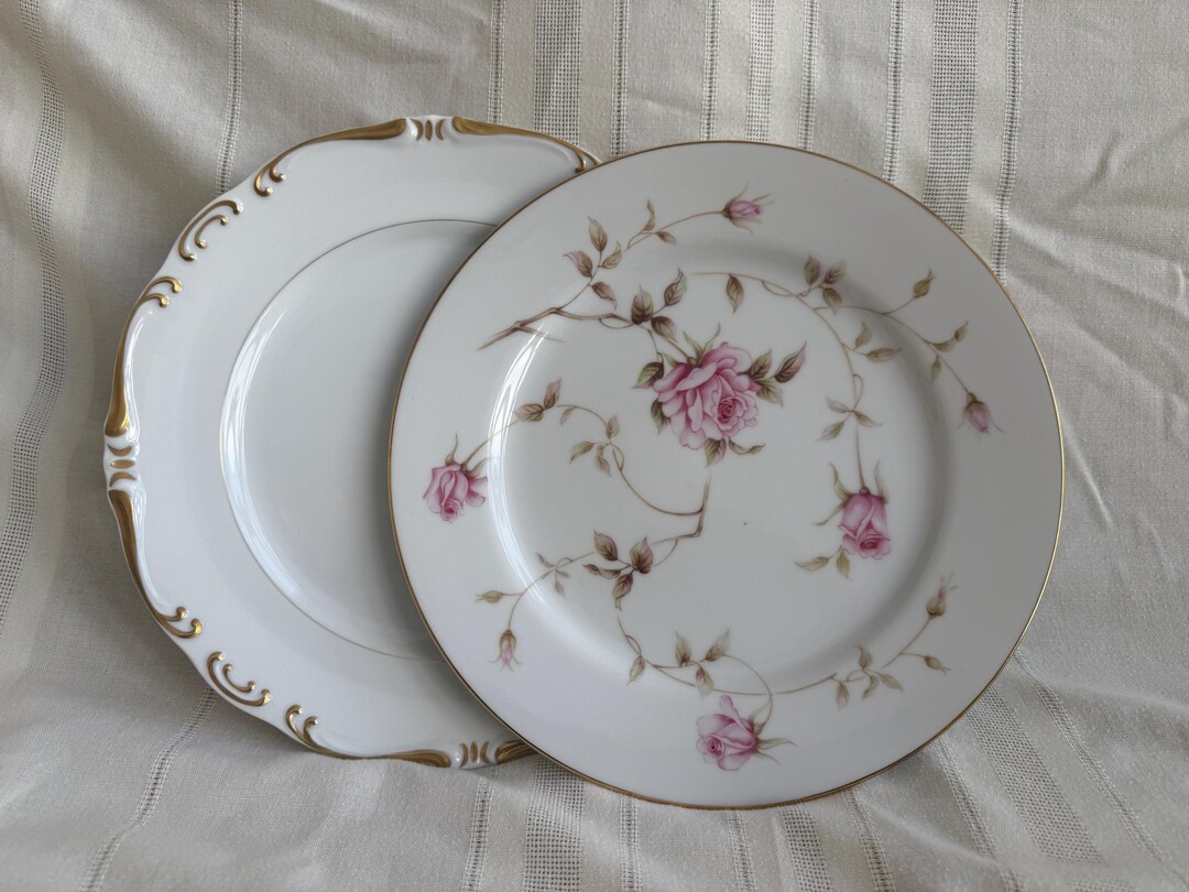 TWO MINT Vintage China Rose Plates, Mismatching 1950s Dishes, Gold Trim ...