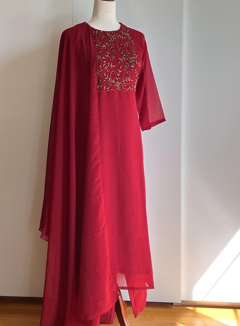 Reddish Maroon Faux Georgette Handwork Slit Salwar Set - Etsy