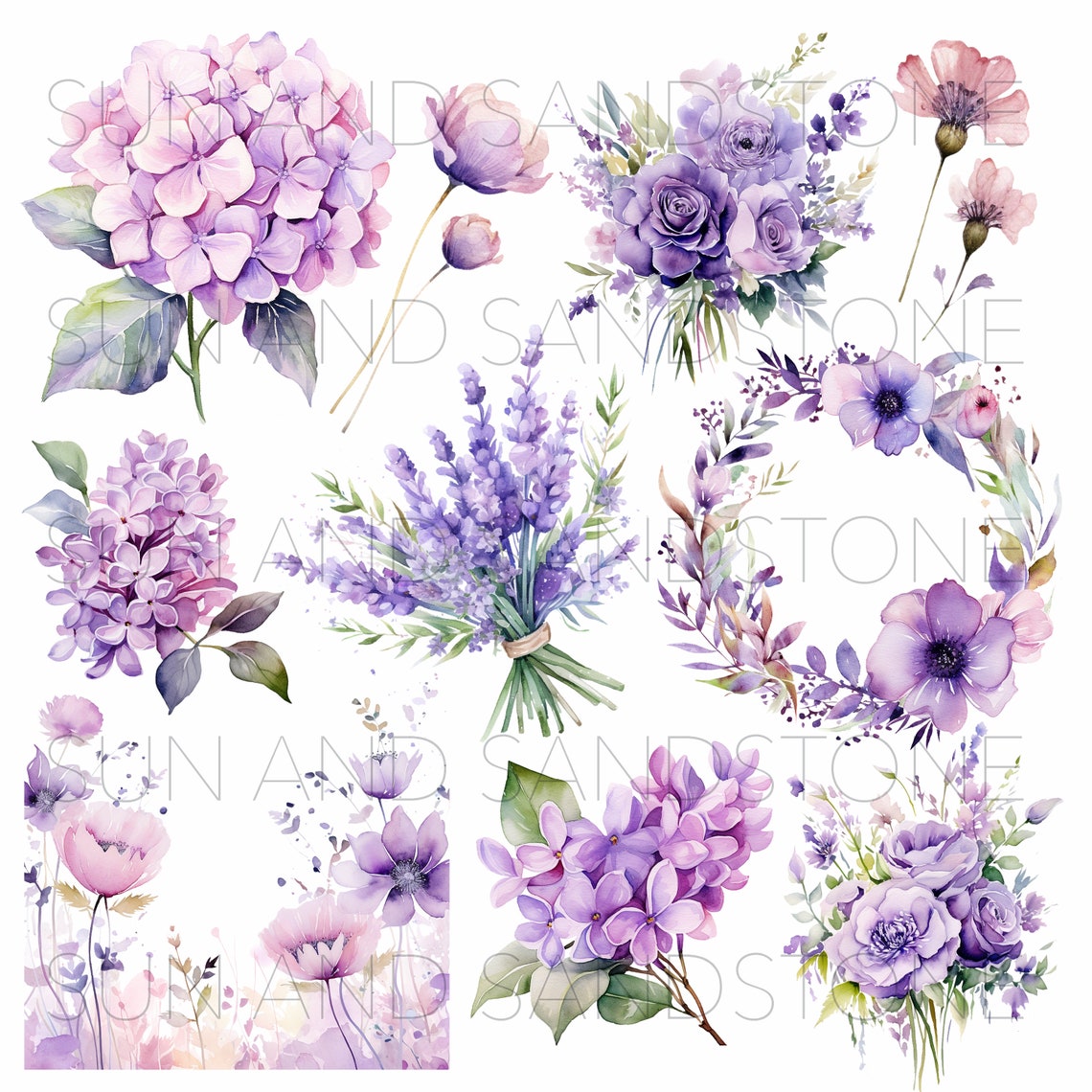 Lilac Watercolor Clipart, Watercolor Floral Clipart, Watercolor Flowers ...