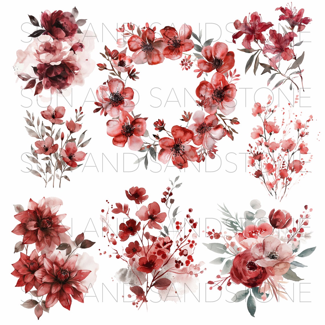 Watercolor Red Flower Clipart, Red and Blush Flower PNG, Floral Wedding ...
