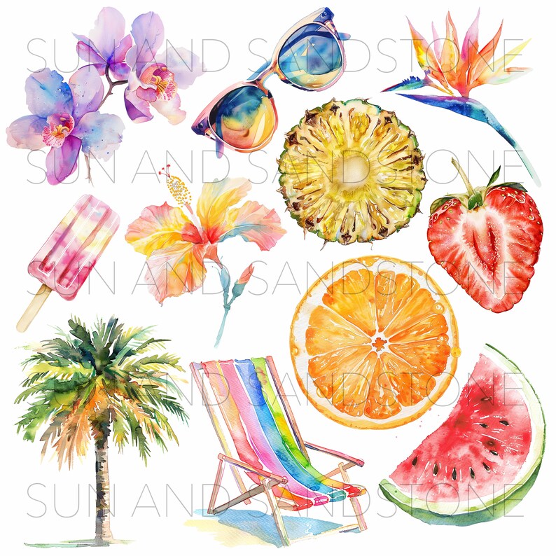 Summer Clipart, Watercolor Summer Clipart, Beach Clipart, Watercolor ...