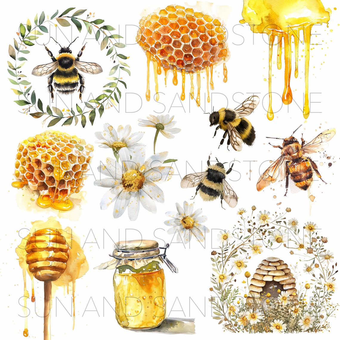 Watercolor Bee Clipart, Watercolor Honey Clipart, Honeycomb Clipart ...
