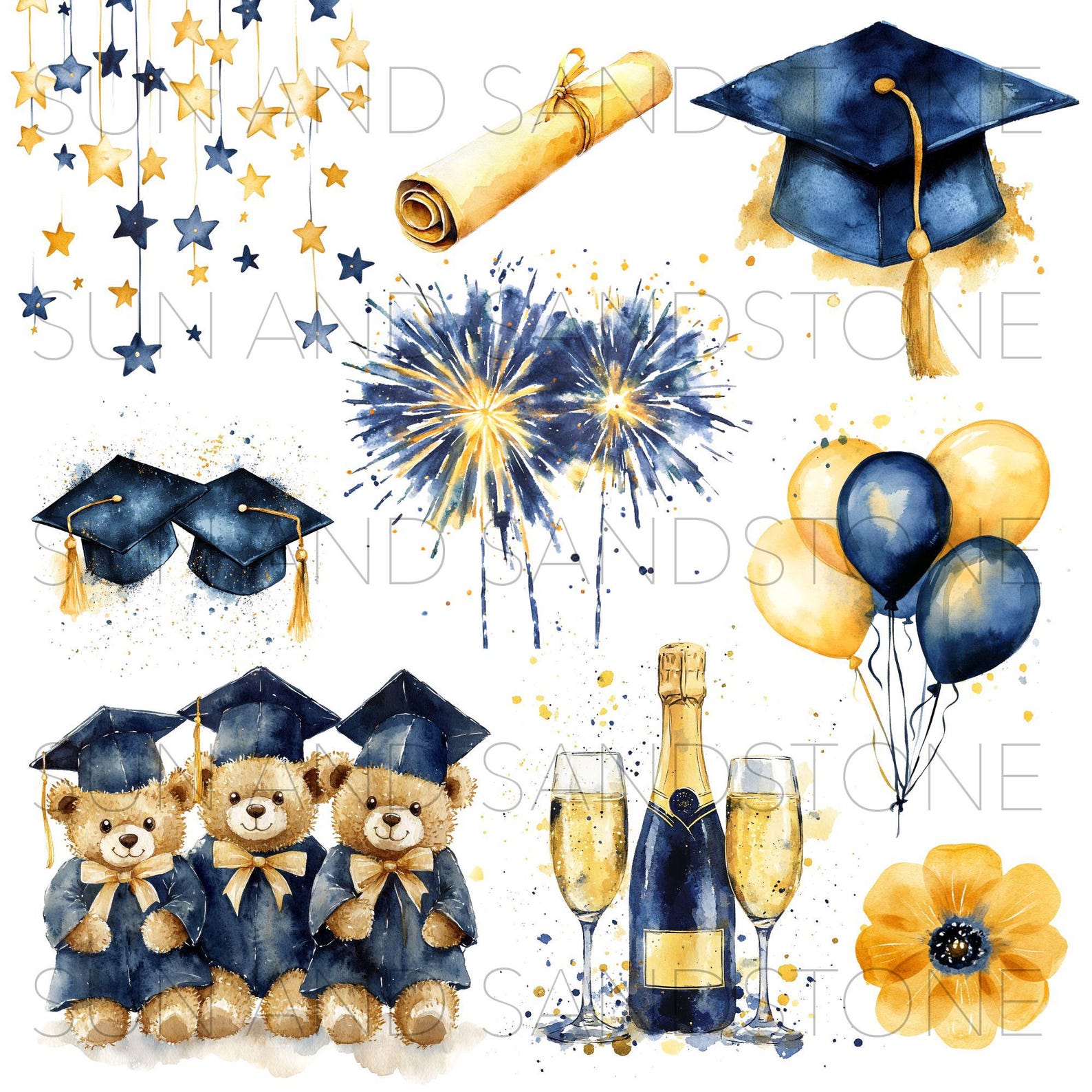 Watercolor Graduation Clipart - Watercolor Graduation Cap - Navy and ...