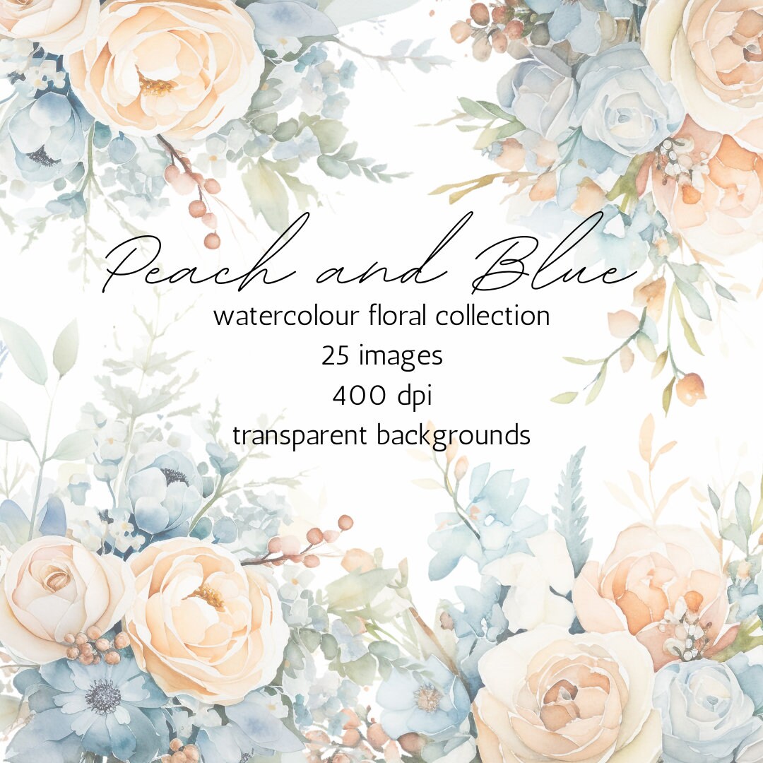 Blue Floral Clipart, Peach Floral Clipart, Peach and Blue Clipart ...