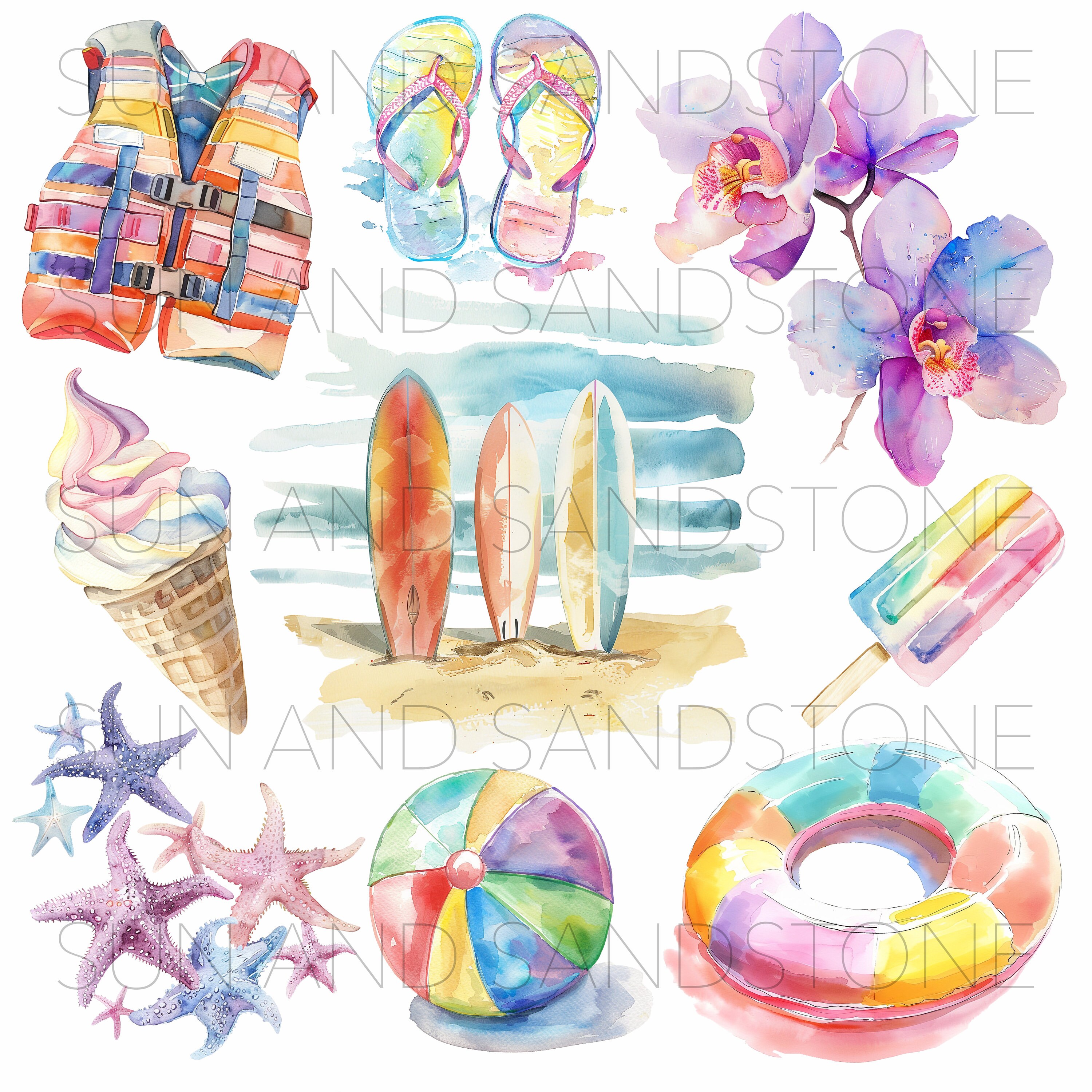Summer Clipart, Watercolor Summer Clipart, Beach Clipart, Watercolor ...