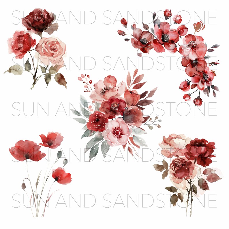 Watercolor Red Flower Clipart, Red and Blush Flower PNG, Floral Wedding ...