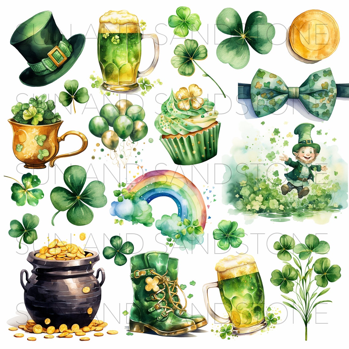 St. Patrick's Day Clipart, Shamrock Clipart, Watercolor Clipart, Clover ...