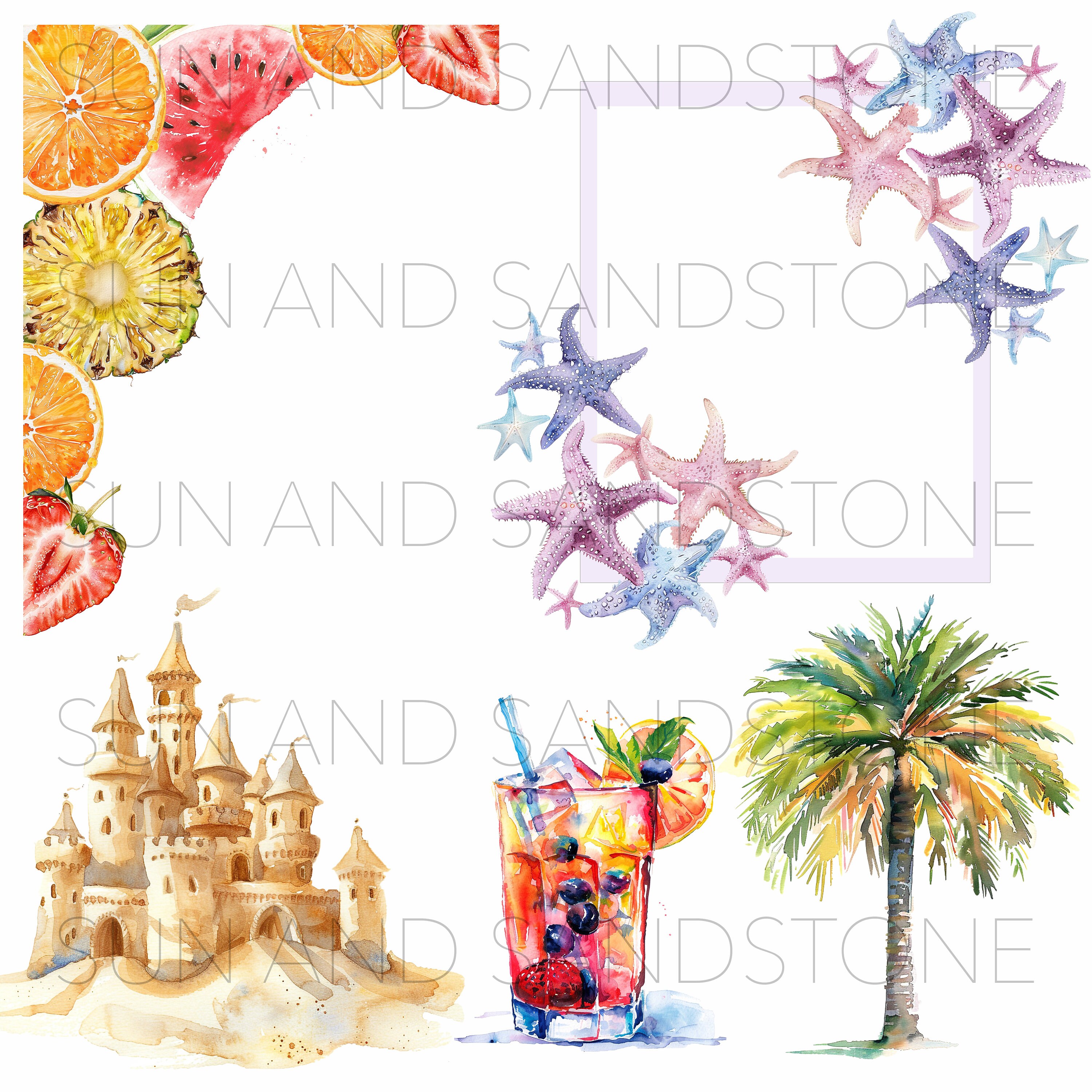 Summer Clipart, Watercolor Summer Clipart, Beach Clipart, Watercolor ...