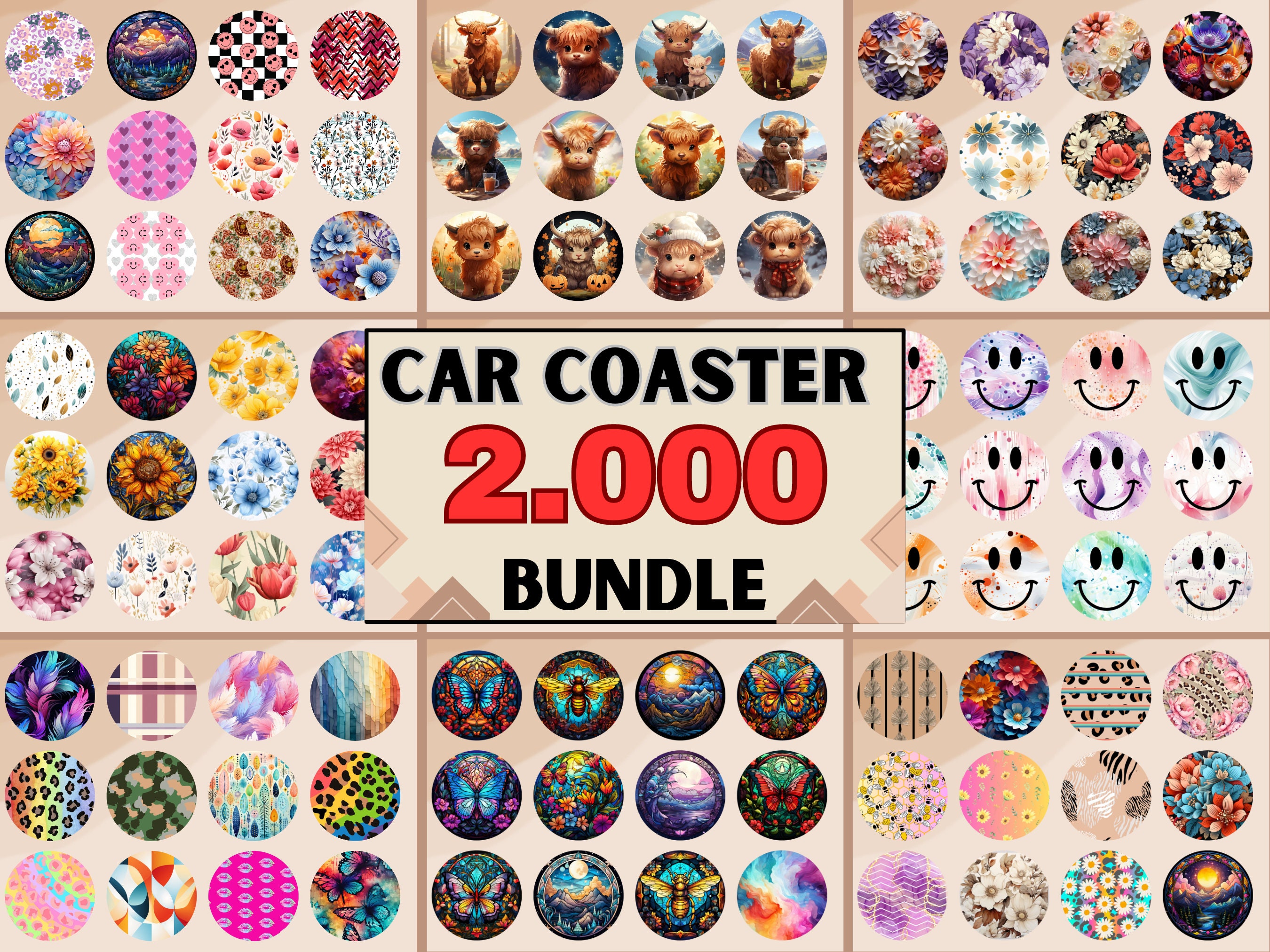Car Coaster PNG Mega Bundle 2000+ for Sublimation Designs Car Cup ...