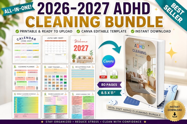 ADHD Cleaning Planner Bundle 2026 2027 | Editable Canva Cleaning ...