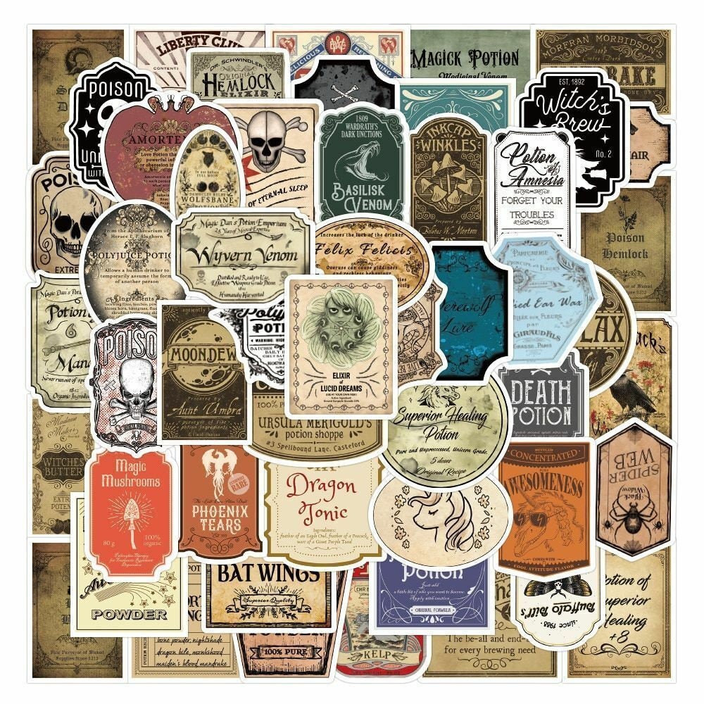 50pcs Potion Bottle Labels Stickers Pack Cartoon Vintage Retro Graffiti ...
