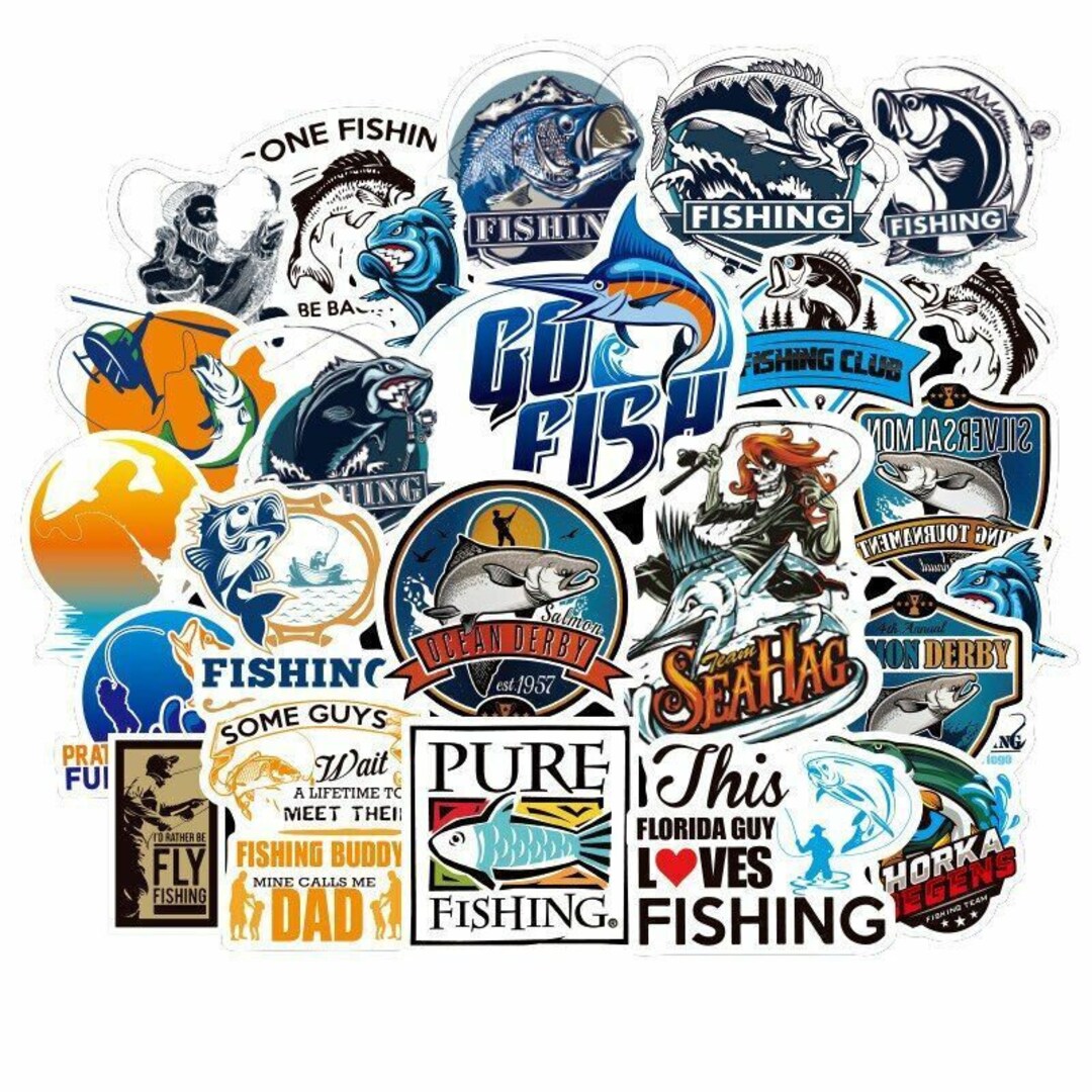 50pcs Fisherman Go Fishing Cartoon Stickers Pack Funny Sayings Phrases ...
