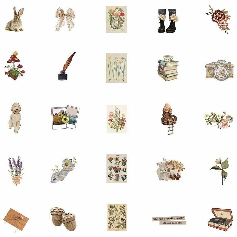 50pcs Cartoon Vintage Items Flowers Stickers Pack Retro Theme Maps ...