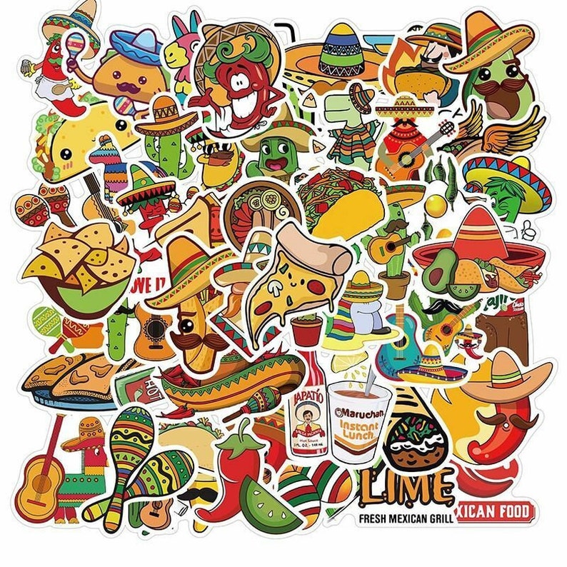 50pcs Mexican Food Stickers Pack Tacos Cactus Cartoon Funny Cute ...