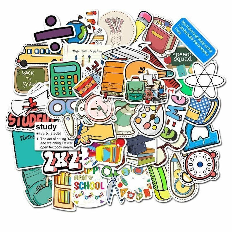 50pcs Back to School Stationery Theme Stickers Pack Desk Bag Notes ...