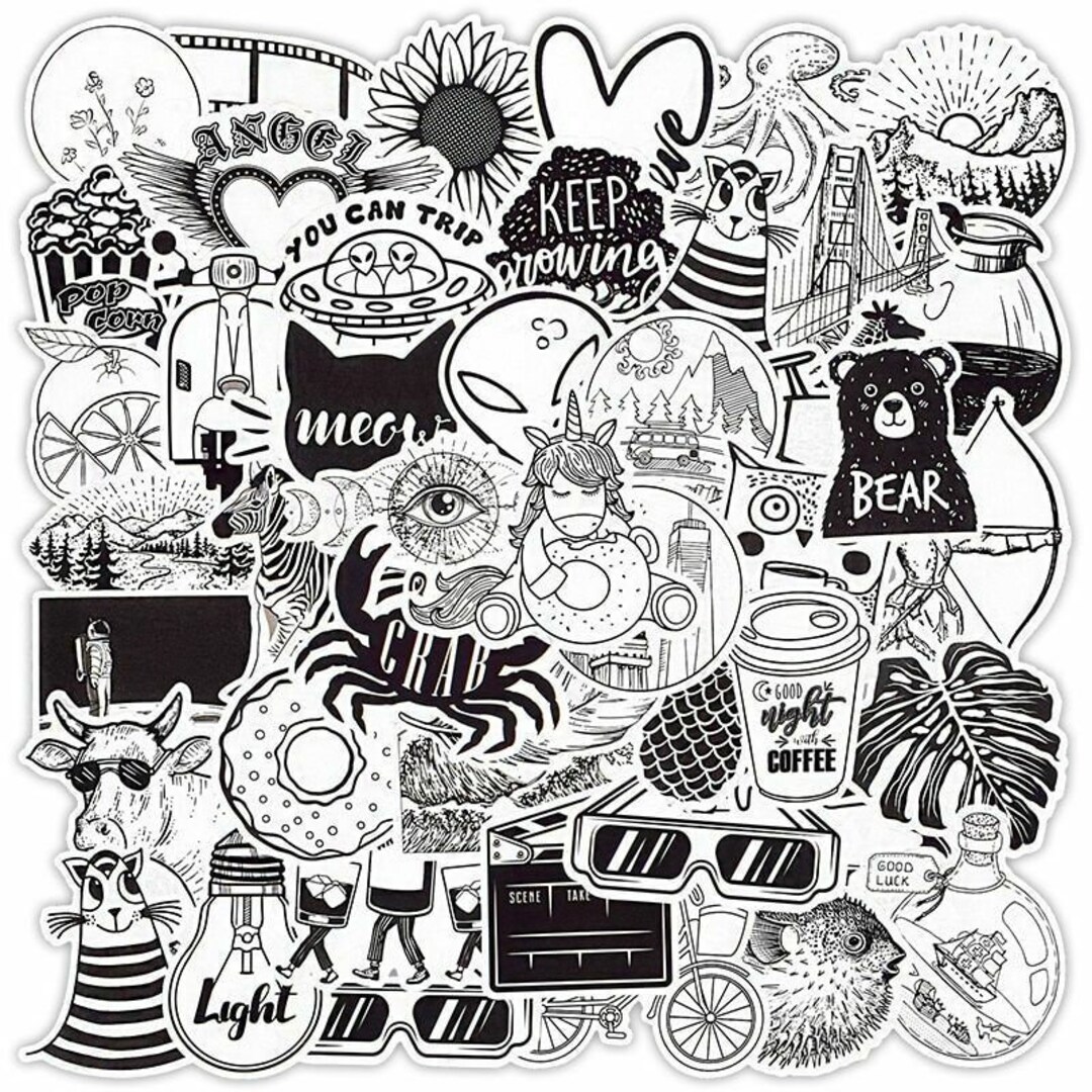 50pcs Vsco Cartoon Black and White Simplicity Stickers Pack Diy Diary ...