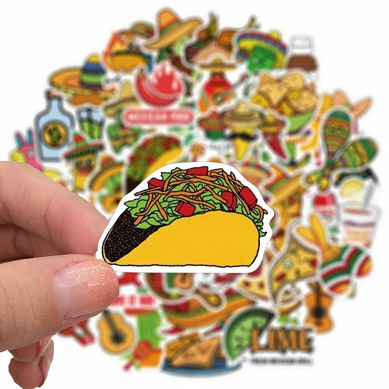 50pcs Mexican Food Stickers Pack Tacos Cactus Cartoon Funny Cute ...
