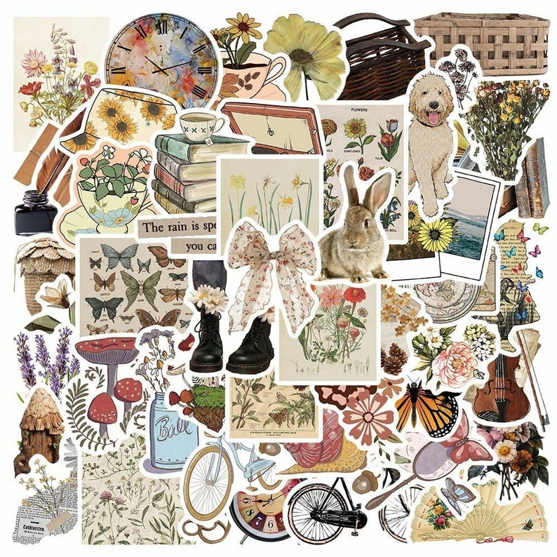 50pcs Cartoon Vintage Items Flowers Stickers Pack Retro Theme Maps ...