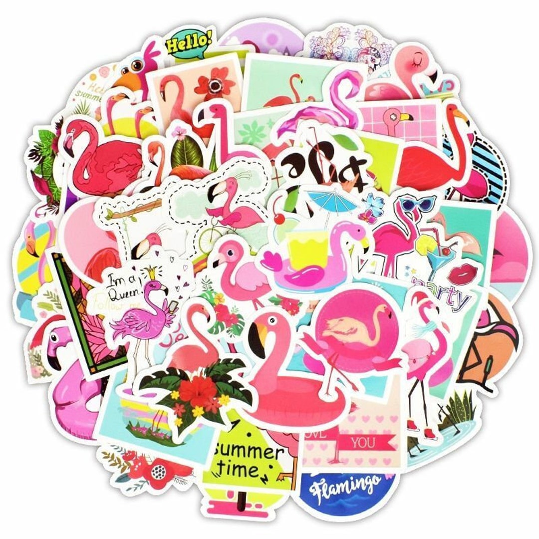 50pcs Flamingos Stickers Pack Pink Bird Summer Time Hawaiian Party I Am ...
