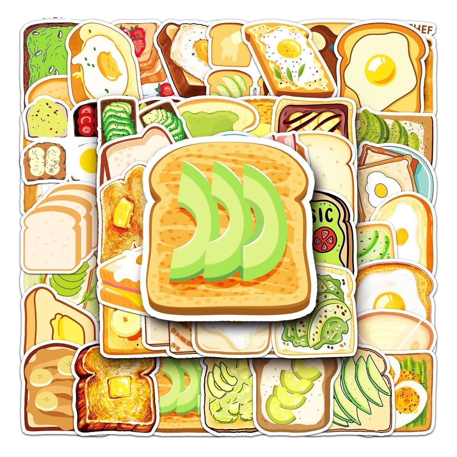 50pcs Cartoon Toast Bread Stickers Pack Fried Eggs Avocado Breakfast ...