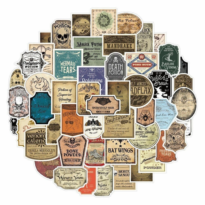 50pcs Potion Bottle Labels Stickers Pack Cartoon Vintage Retro Graffiti ...