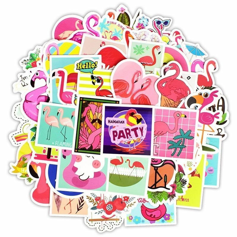 50pcs Flamingos Stickers Pack Pink Bird Summer Time Hawaiian Party I Am ...