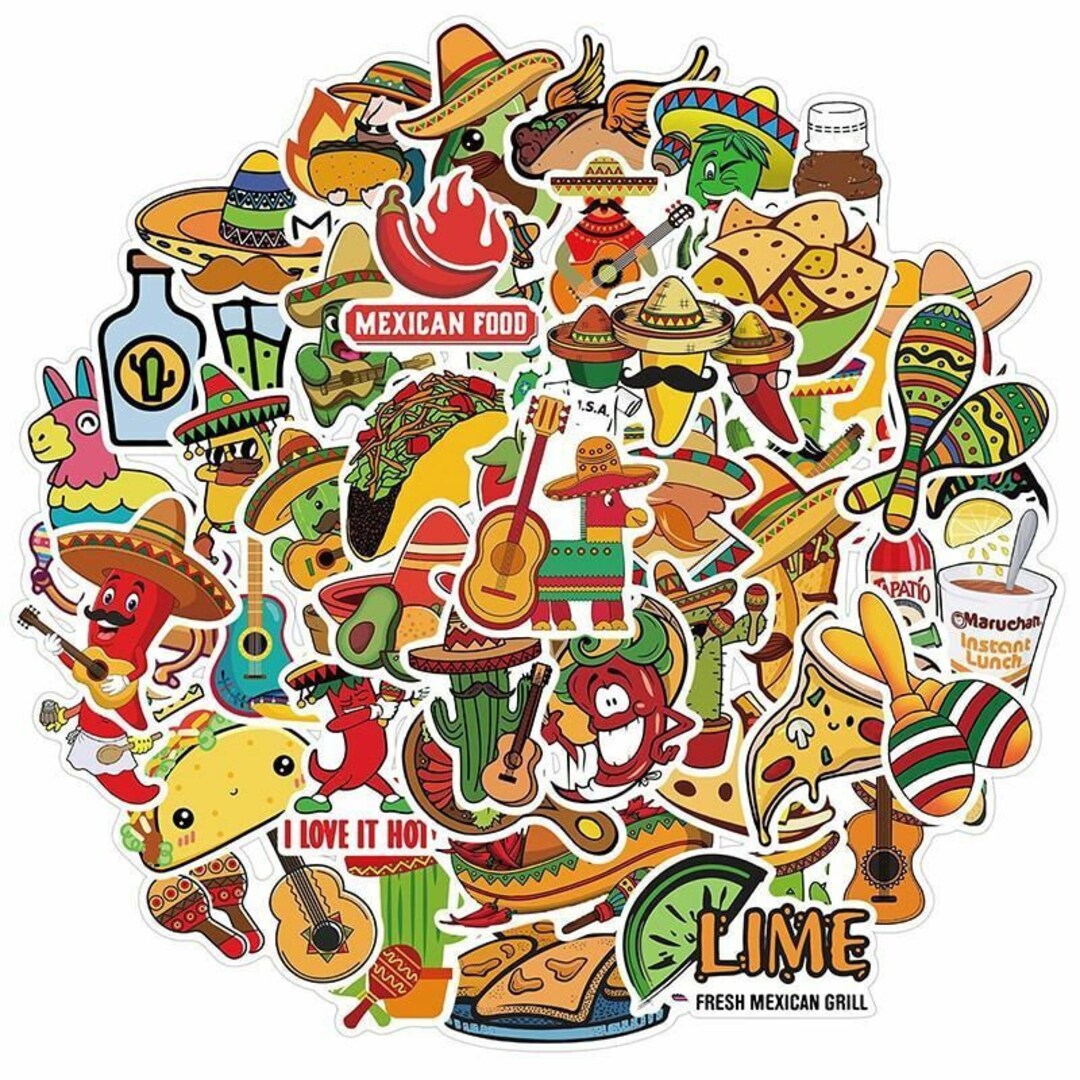 50pcs Mexican Food Stickers Pack Tacos Cactus Cartoon Funny Cute ...
