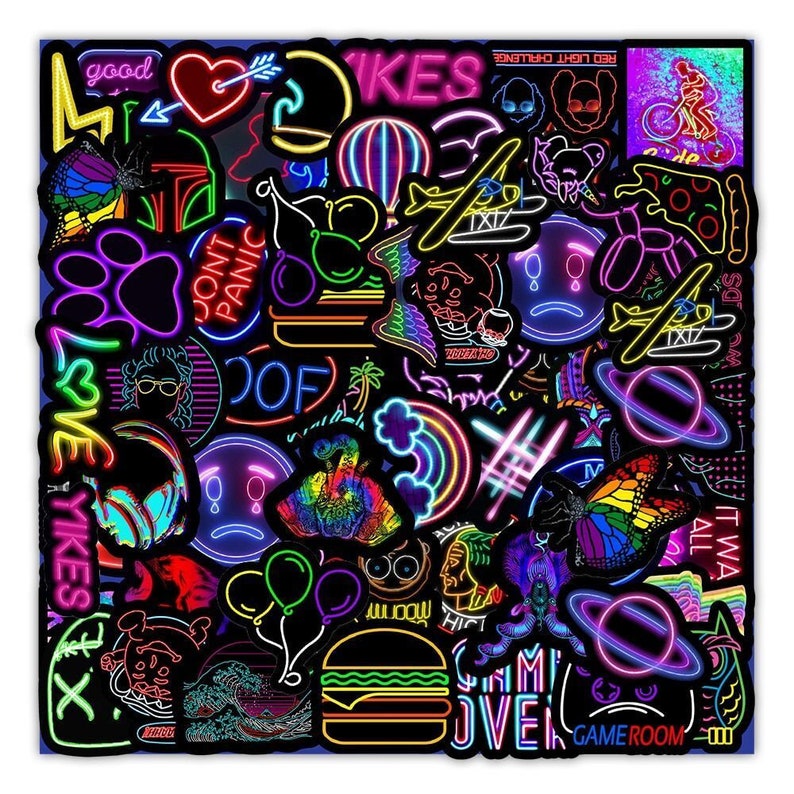 50pcs Cartoon Neon Light Graffiti Stickers Pack Car Guitar Luggage ...