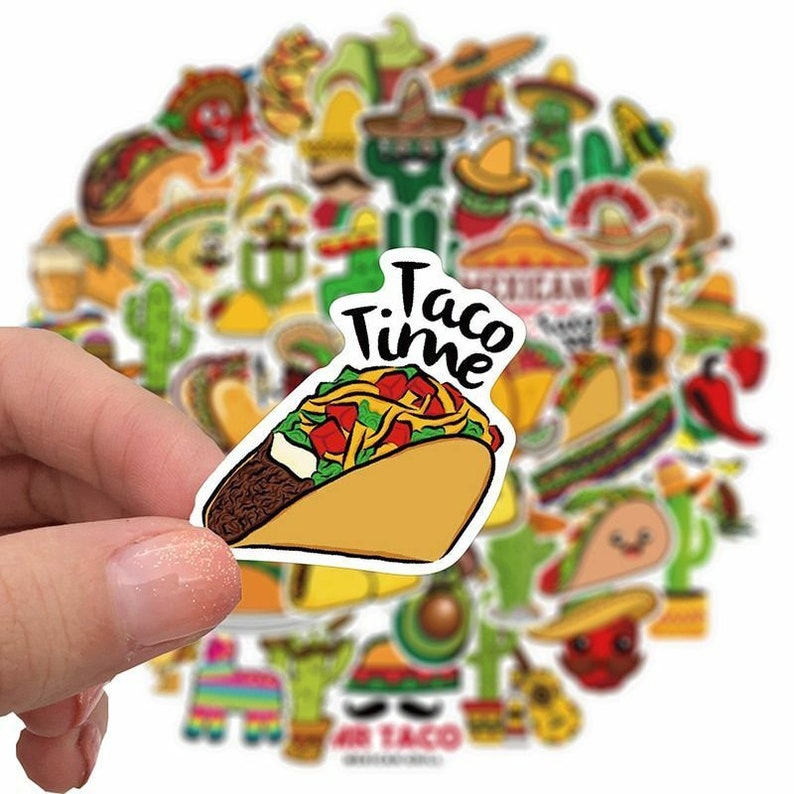 50pcs Mexican Food Stickers Pack Tacos Cactus Cartoon Funny Cute ...