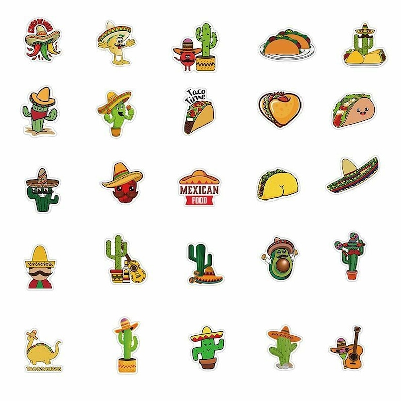 50pcs Mexican Food Stickers Pack Tacos Cactus Cartoon Funny Cute ...