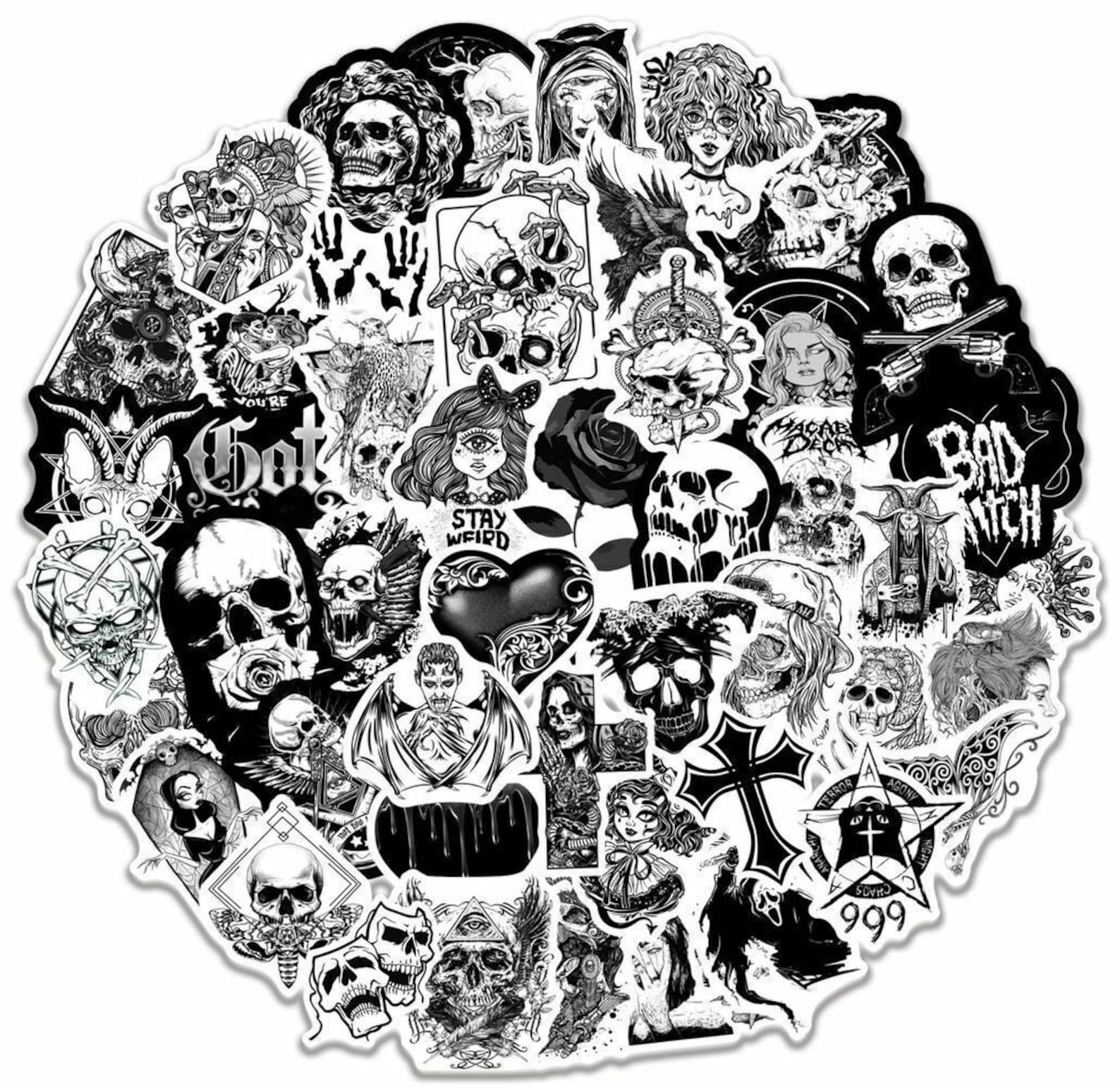50/100pcs Black White Gothic Style Horror Sticker Pack Spooky Dark ...