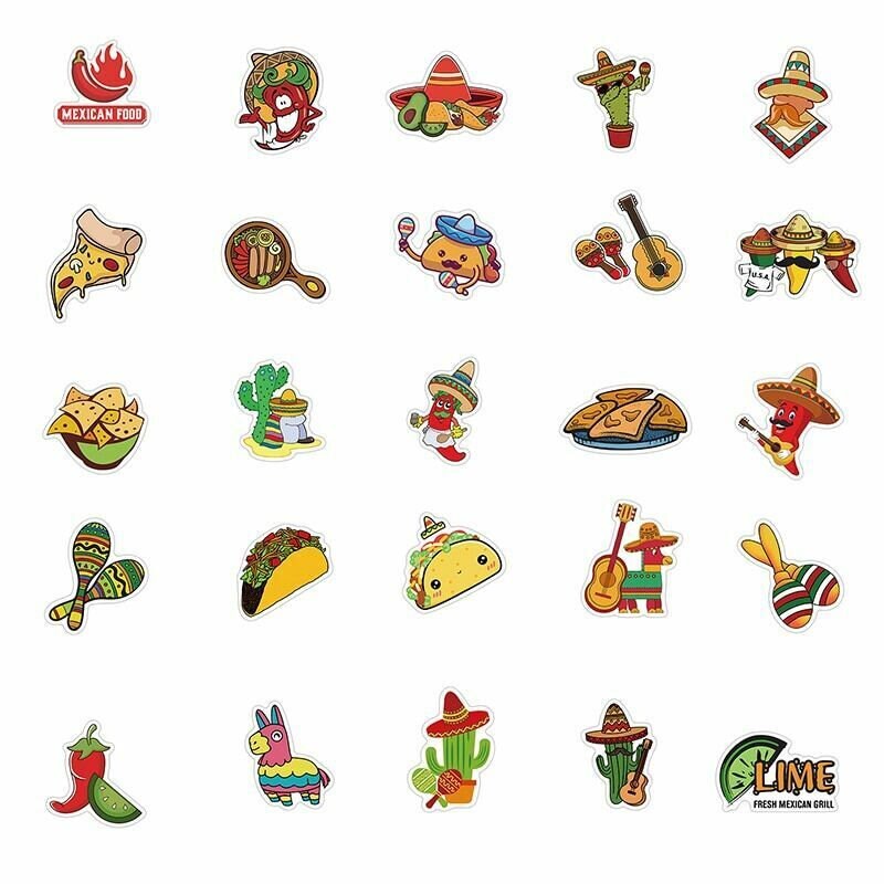 50pcs Mexican Food Stickers Pack Tacos Cactus Cartoon Funny Cute ...