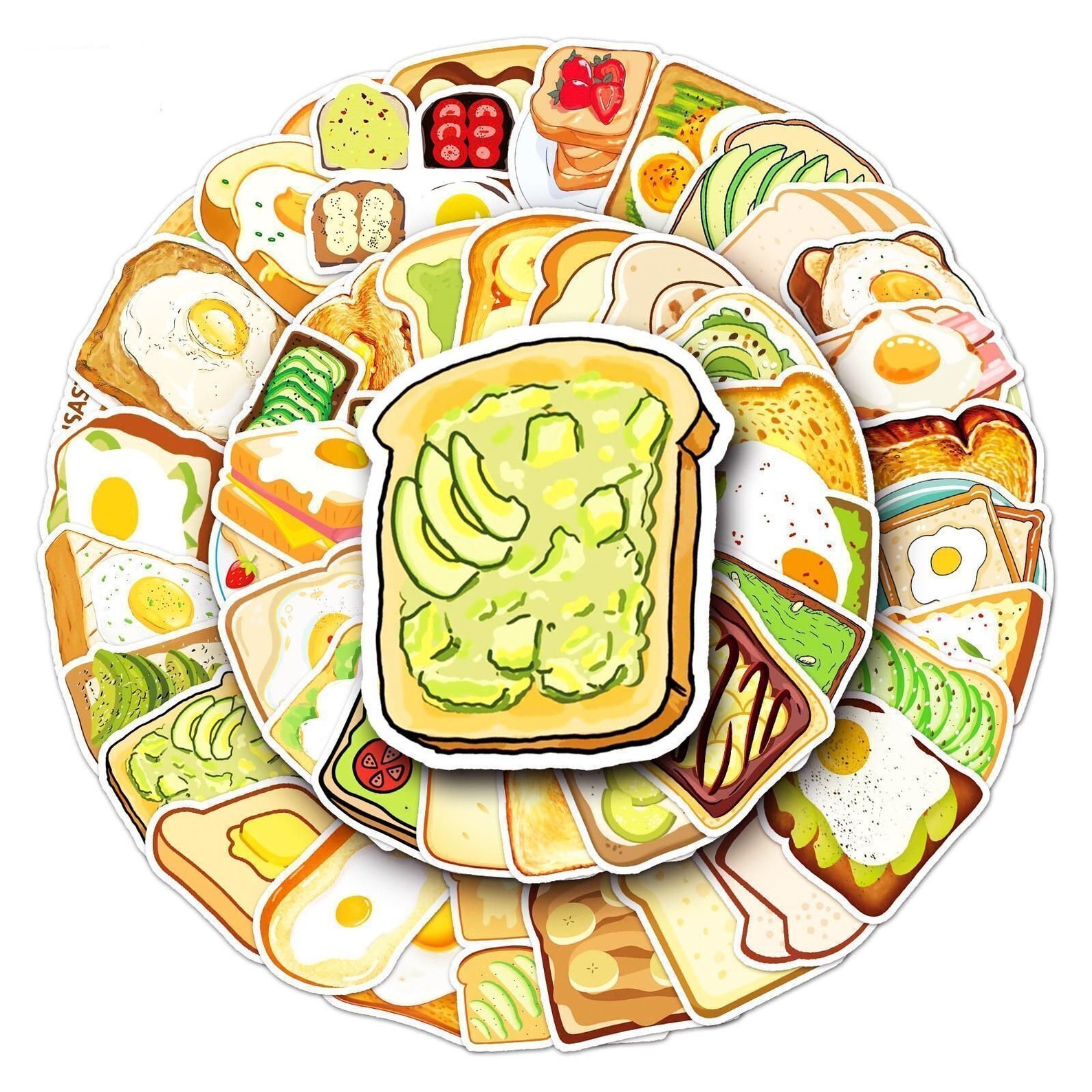 50pcs Cartoon Toast Bread Stickers Pack Fried Eggs Avocado Breakfast ...