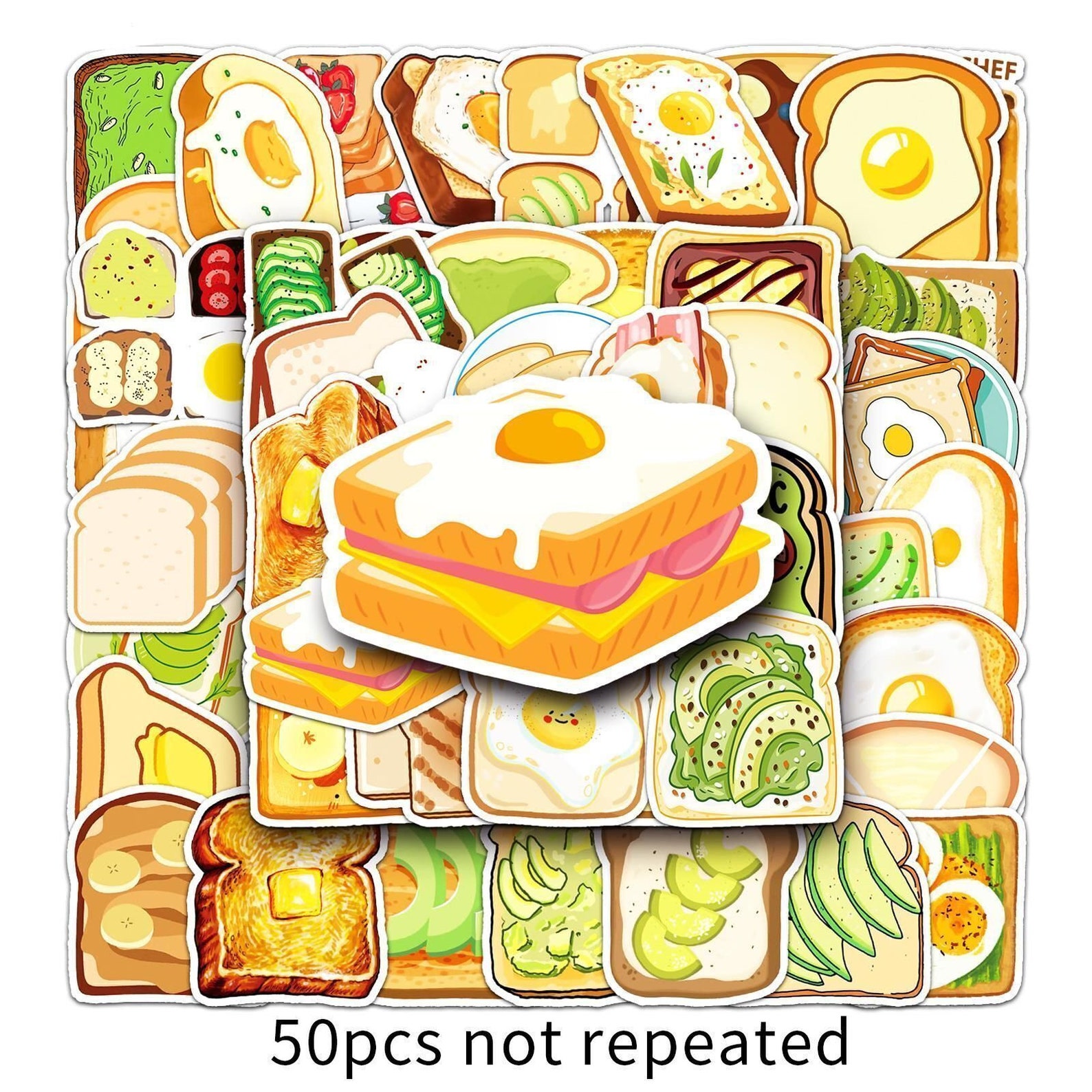 50pcs Cartoon Toast Bread Stickers Pack Fried Eggs Avocado Breakfast ...