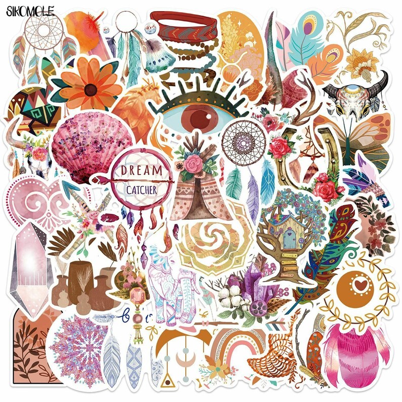 50pcs Bohemian Stickers Pack Graffiti Boho Dream Catcher Feather ...