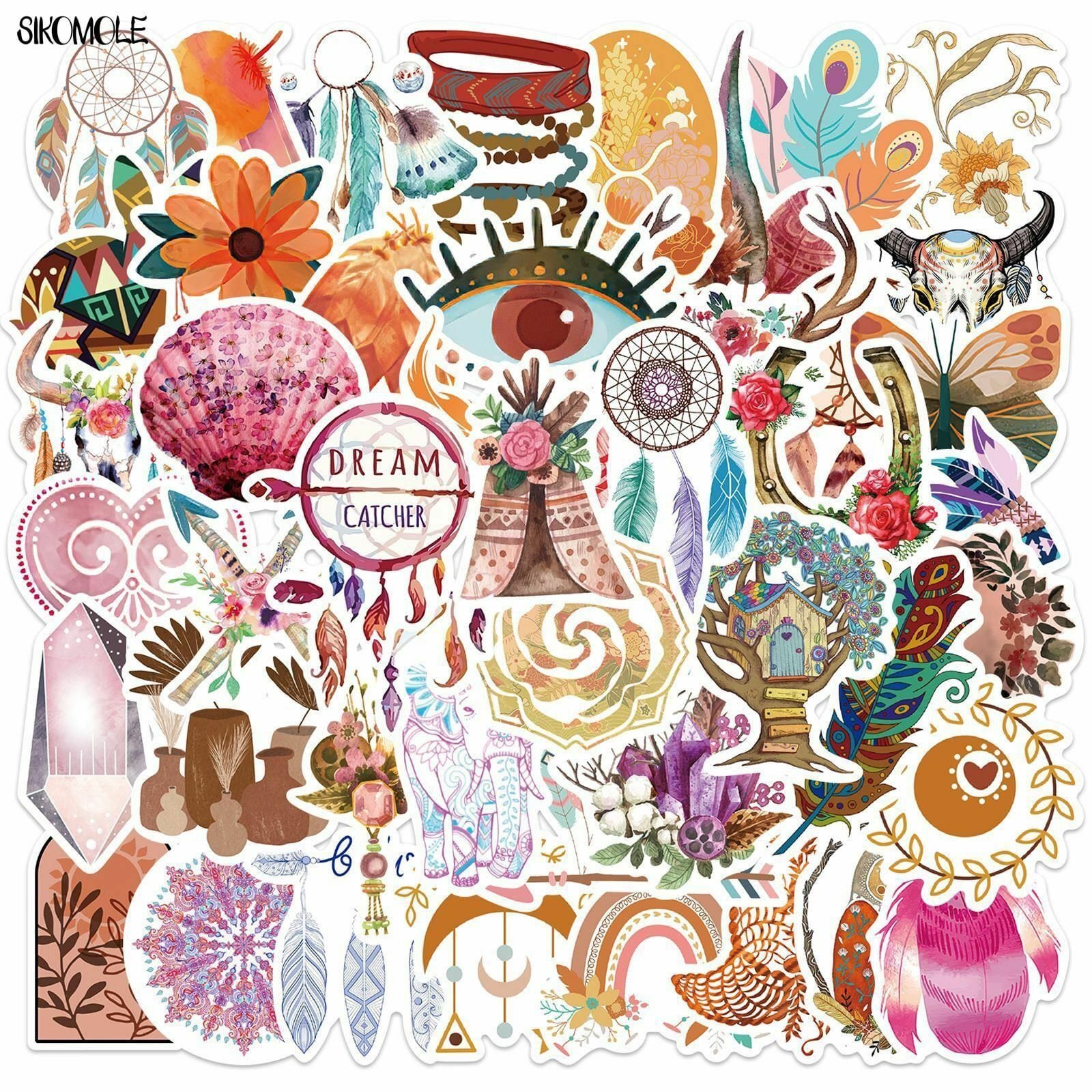 50pcs Bohemian Stickers Pack Graffiti Boho Dream Catcher Feather ...