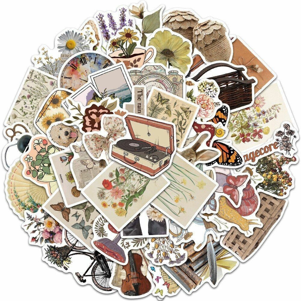 50pcs Cartoon Vintage Items Flowers Stickers Pack Retro Theme Maps ...