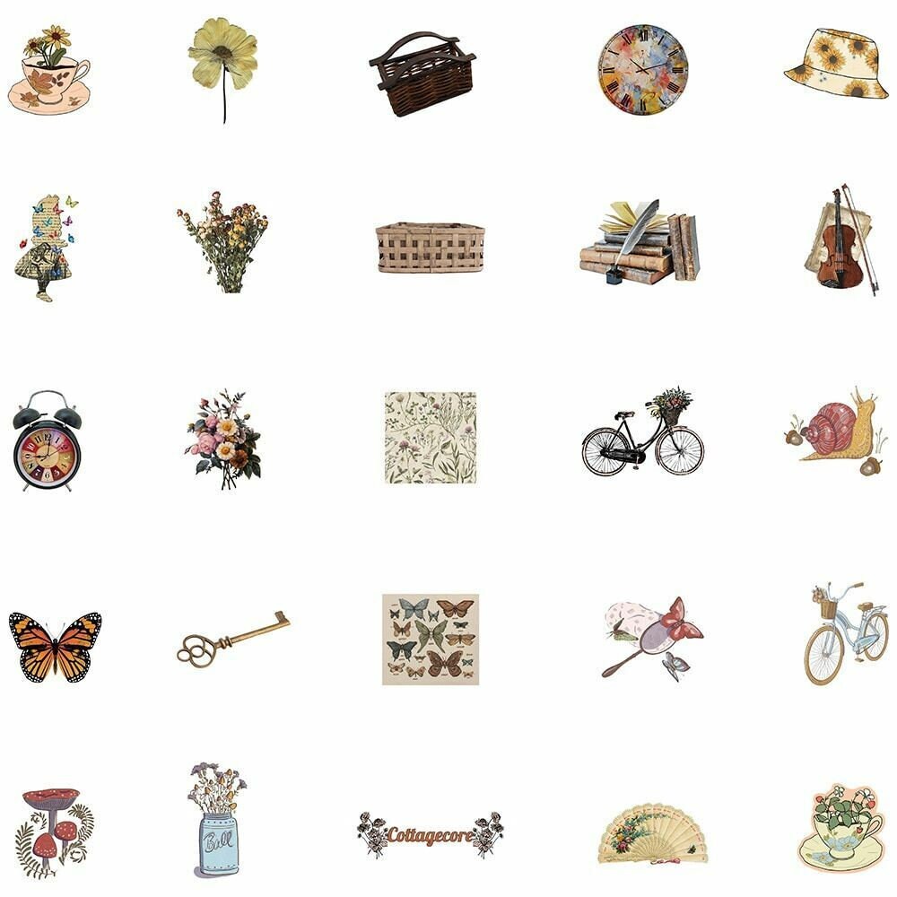 50pcs Cartoon Vintage Items Flowers Stickers Pack Retro Theme Maps ...