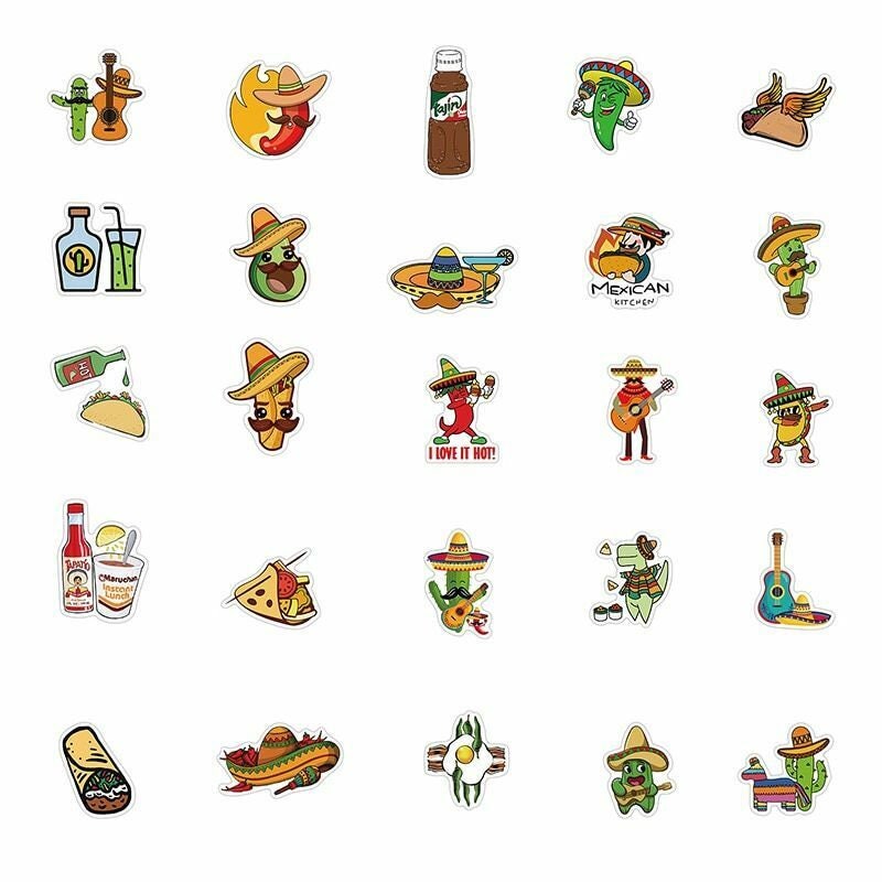 50pcs Mexican Food Stickers Pack Tacos Cactus Cartoon Funny Cute ...