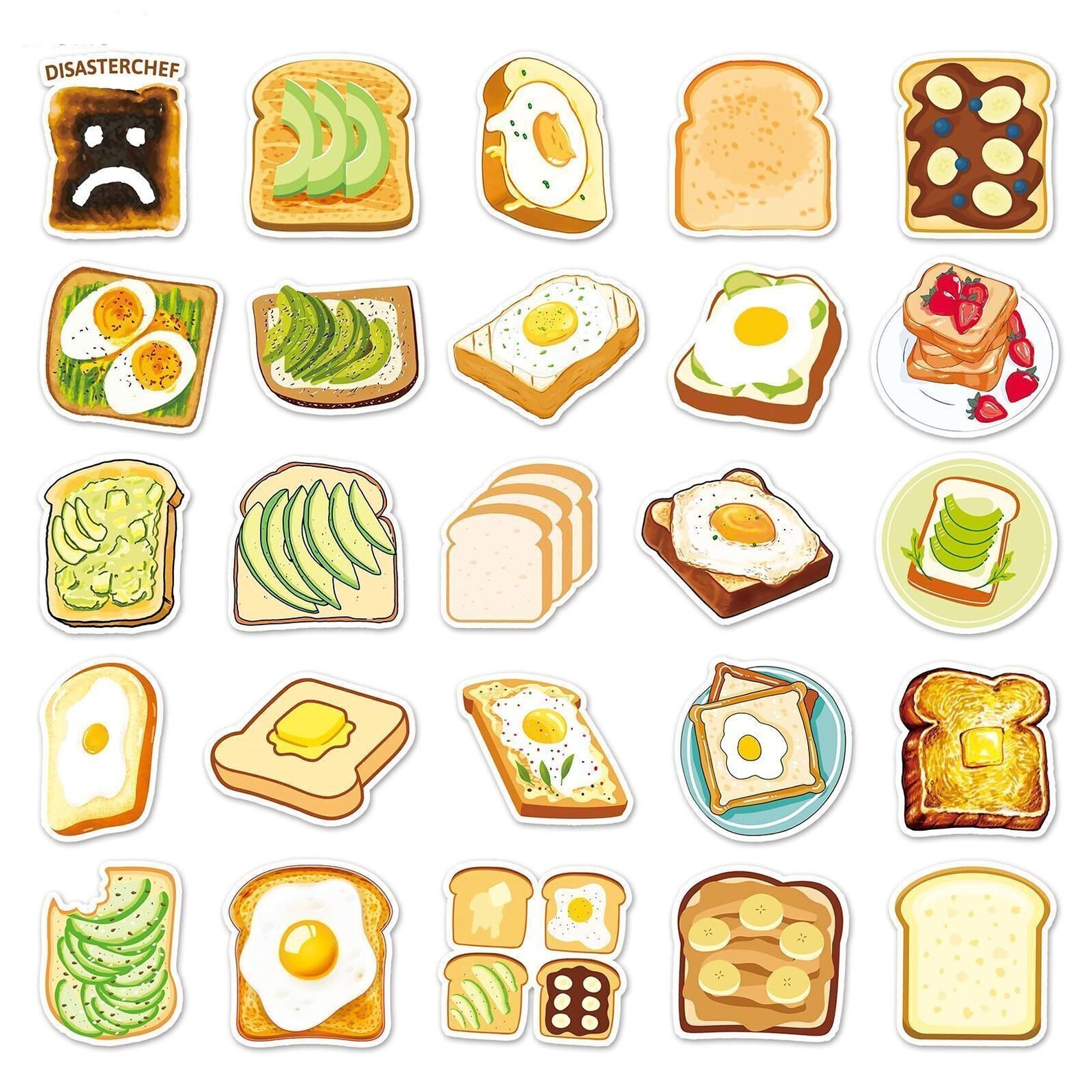 50pcs Cartoon Toast Bread Stickers Pack Fried Eggs Avocado Breakfast ...