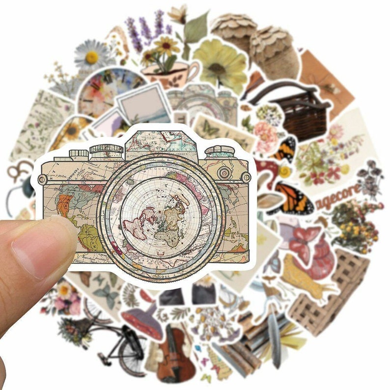 50pcs Cartoon Vintage Items Flowers Stickers Pack Retro Theme Maps ...