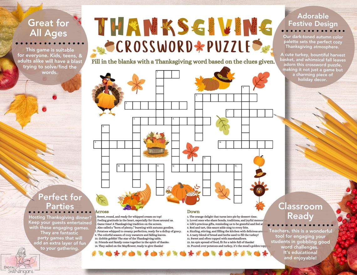 Thanksgiving Crossword Puzzle Game Printable for Kids and Adults ...