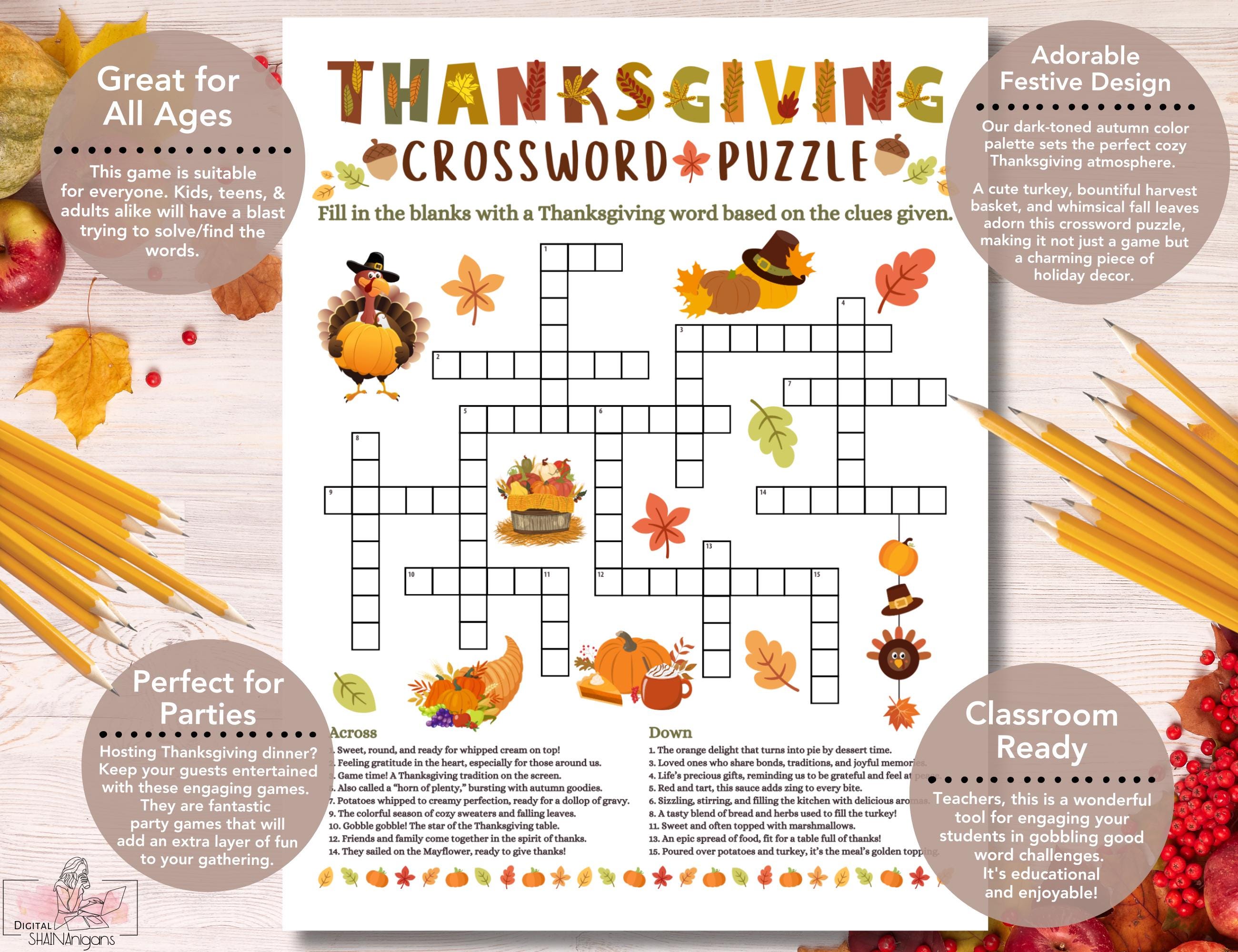 Thanksgiving Crossword Puzzle Game Printable for Kids and Adults ...