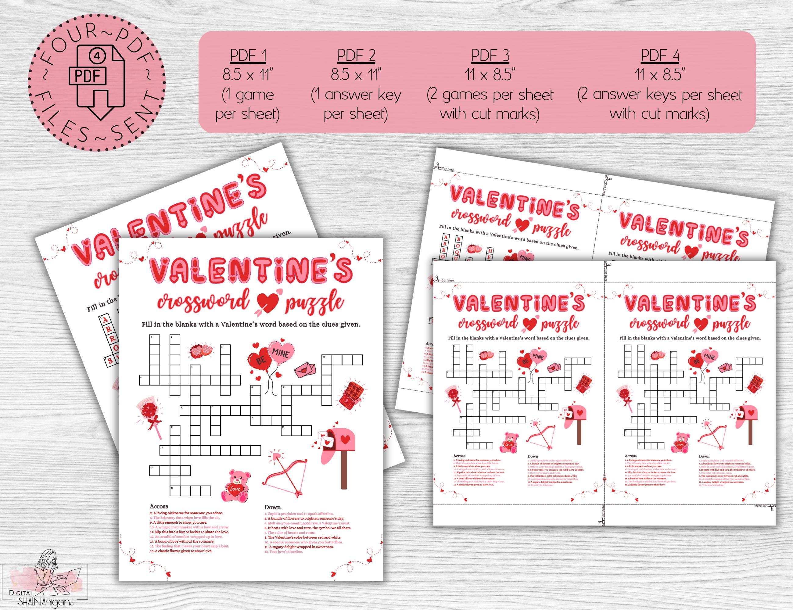 Valentine's Crossword Puzzle Game Printable for Kids and Adults ...
