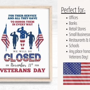 Closed for Veterans Day Sign, Closed on Veterans Day, Veterans Day Sign ...